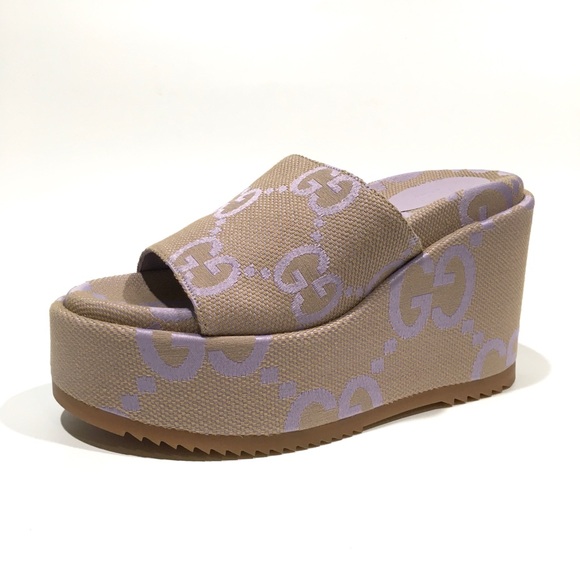 Gucci | Shoes | Gucci Macro Gg Platform Slide Sandals Beige Lilac ...
